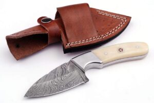 gladiatorsguild dh76 custom made full tang skinner fixed blade small 8" skinning knife with sheath damascus steel pattern welded dh76 (white)