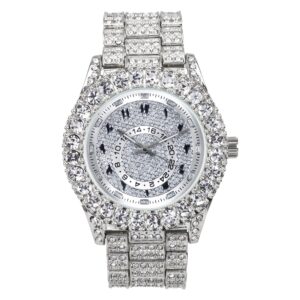 techno pave men's 44mm iced out arabic dial watch, quartz movement - silver diamond dial