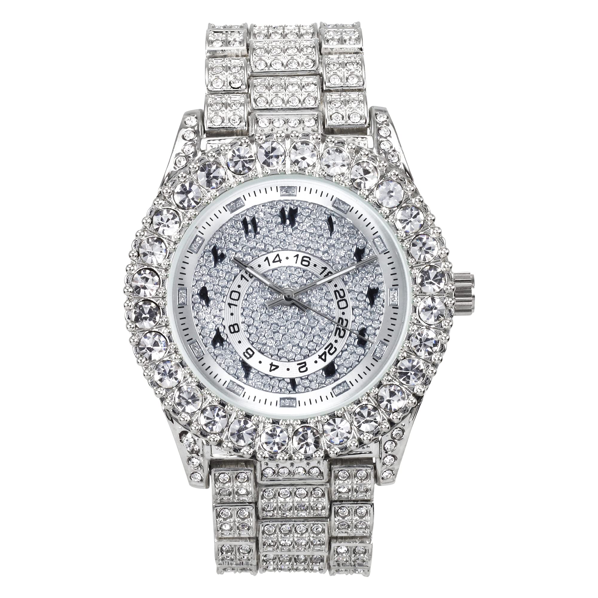 Techno Pave Men's 44mm Iced Out Arabic Dial Watch, Quartz Movement - Silver Diamond Dial