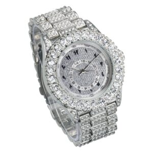 Techno Pave Men's 44mm Iced Out Arabic Dial Watch, Quartz Movement - Silver Diamond Dial