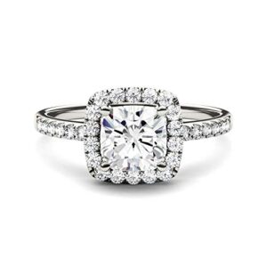 charles & colvard created moissanite 6mm cushion cut engagement ring for women | 1.4 cttw dew | lab grown | solid 14k white gold with rhodium | size 7