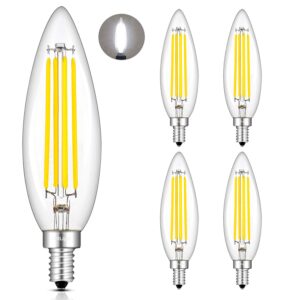 crlight 8w 4000k led candelabra bulb daylight white, 80w equivalent 800 lm dimmable e12 led candle bulbs, upgraded lengthened b11 clear glass torpedo shape chandelier light bulbs, 4 packs