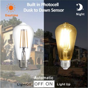 Dusk to Dawn LED Lights Bulb,Photocell Sensor Bulb, Auto Turn On/Off, ST58 ST19 60W Edison Replacement, E26 8W 800lm,Warm White 2700K for outdoor wall light fixture Garden Garage Porch Pack of 2