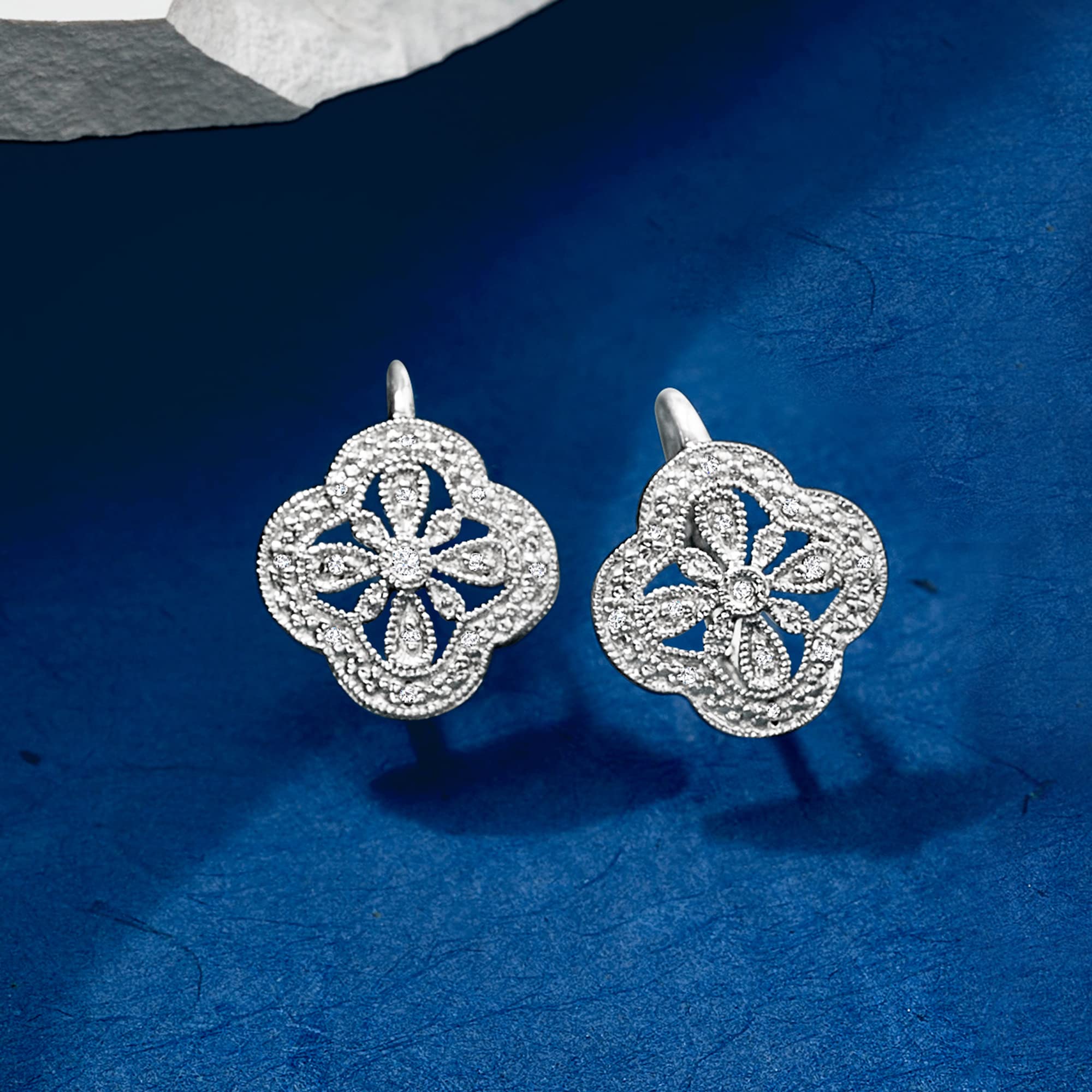 Ross-Simons Openwork Clover Drop Earrings With Diamond Accents in Sterling Silver