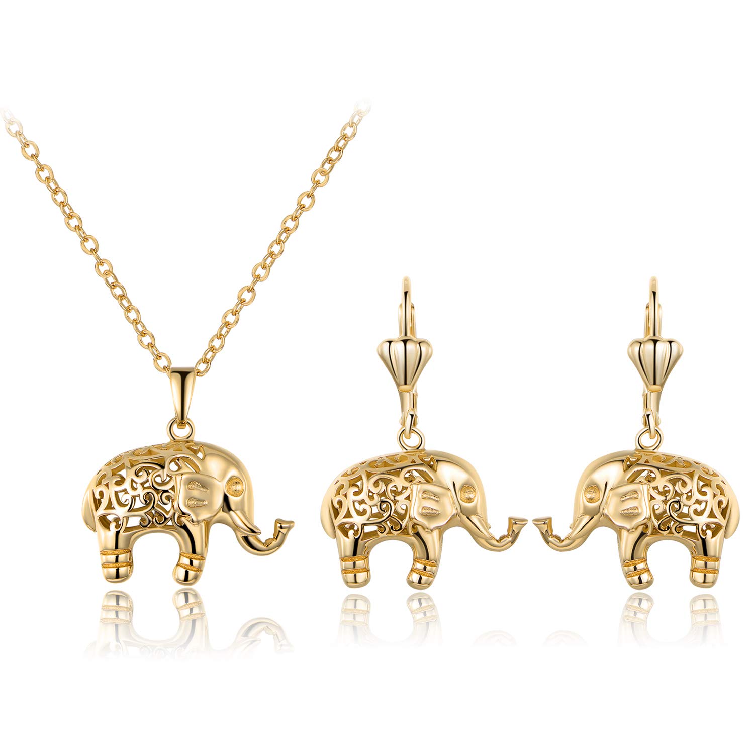 Barzel 18K Gold Plated Filigree Cutout Drop Elephant Earrings and Necklace Jewelry Set (Yellow Gold)