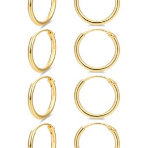 Hoop Earring 14K Gold Plated S925 Sterling Silver Endless Hoop Earring Set for Women Men 8mm-12mm (4 pairs 14K gold 8MM)