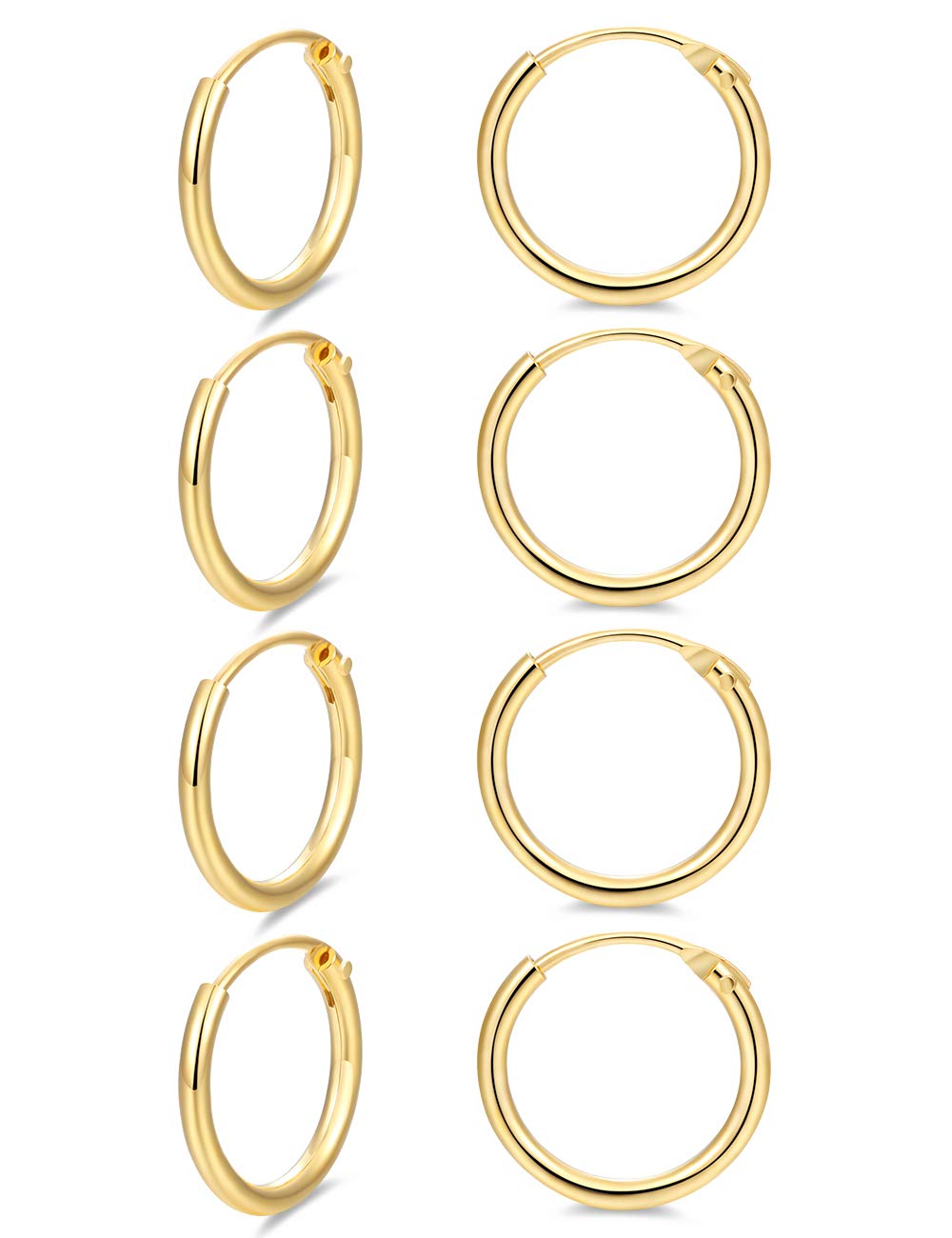 Hoop Earring 14K Gold Plated S925 Sterling Silver Endless Hoop Earring Set for Women Men 8mm-12mm (4 pairs 14K gold 8MM)