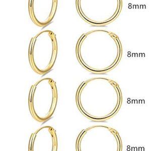 Hoop Earring 14K Gold Plated S925 Sterling Silver Endless Hoop Earring Set for Women Men 8mm-12mm (4 pairs 14K gold 8MM)