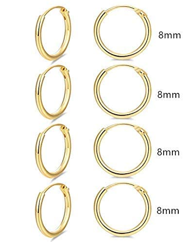 Hoop Earring 14K Gold Plated S925 Sterling Silver Endless Hoop Earring Set for Women Men 8mm-12mm (4 pairs 14K gold 8MM)