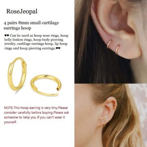 Hoop Earring 14K Gold Plated S925 Sterling Silver Endless Hoop Earring Set for Women Men 8mm-12mm (4 pairs 14K gold 8MM)