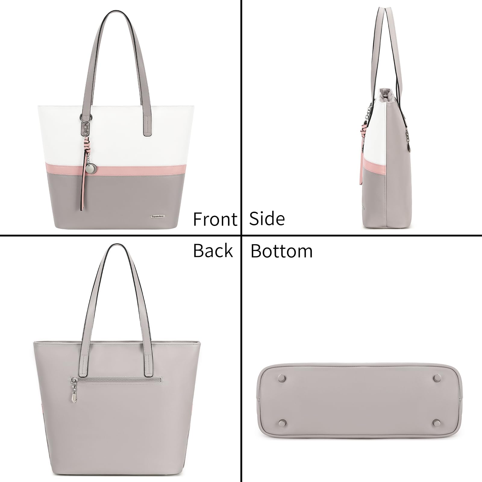 Pomelo Best Tote Bags for Women, Soft PU Leather Purses, Large Handbags with Zippers, Stylish Shoulder Tote Bags for Daily Use & Work, Grey and White Pink