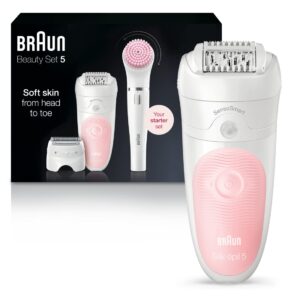 braun se5-895 epilator, hair removal device, epilator for women, includes shaver and facial cleansing exfoliator brush attachments, waterproof, cordless and rechargeable