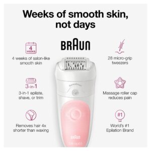 Braun SE5-895 Epilator, Hair Removal Device, Epilator for Women, Includes Shaver and Facial Cleansing Exfoliator Brush Attachments, Waterproof, Cordless and Rechargeable