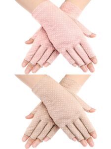 maxdot fingerless gloves non slip uv protection driving gloves summer outdoor gloves for women and girls (pink and khaki,2 pairs)