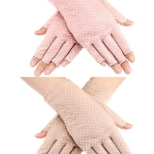 Maxdot Fingerless Gloves Non Slip UV Protection Driving Gloves Summer Outdoor Gloves for Women and Girls (Pink and Khaki,2 Pairs)