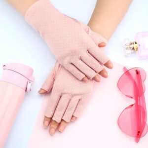 Maxdot Fingerless Gloves Non Slip UV Protection Driving Gloves Summer Outdoor Gloves for Women and Girls (Pink and Khaki,2 Pairs)