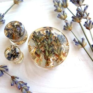 Eternity31 Lavender bridal plugs jewelry gold wedding gauges real flower plugs ear tunnels floral plugs (40mm / 1 9/16" / Pair)