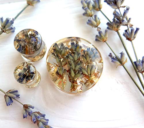 Eternity31 Lavender bridal plugs jewelry gold wedding gauges real flower plugs ear tunnels floral plugs (40mm / 1 9/16" / Pair)