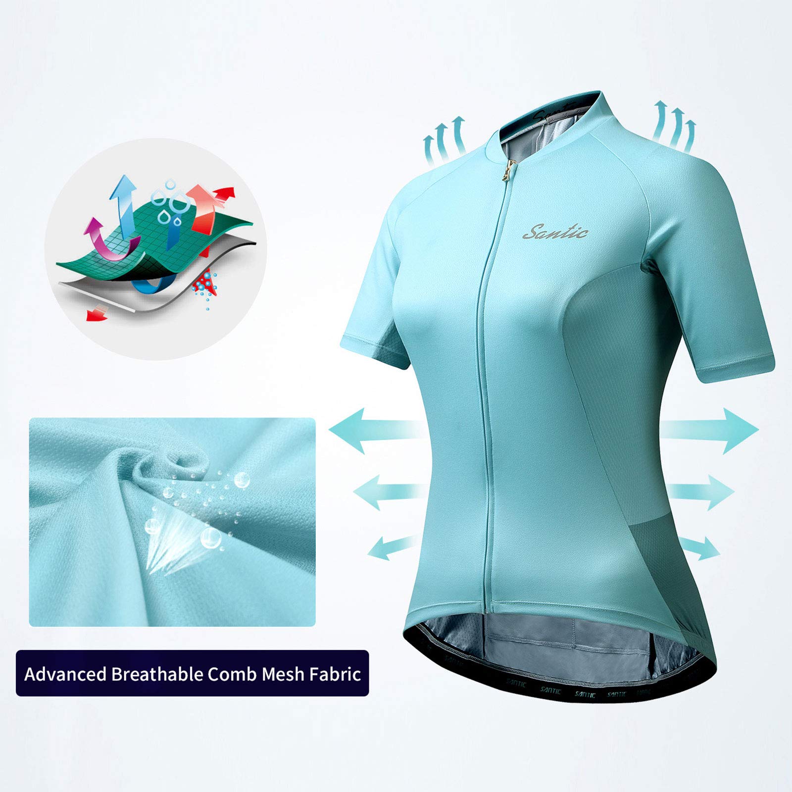 Santic Women's Cycling Jersey Short Sleeve Biking Shirt Full Zip Tops with 3 Pockets Breathable Quick Dry Blue