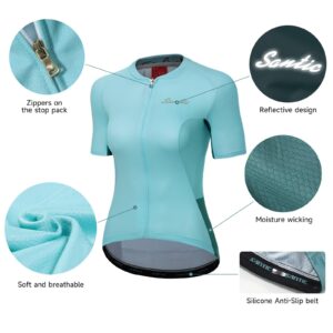 Santic Women's Cycling Jersey Short Sleeve Biking Shirt Full Zip Tops with 3 Pockets Breathable Quick Dry Blue