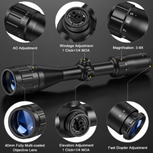 CVLIFE 3-9x40AO Rifle Scope Optics R4 Reticle Crosshair Scope with 20mm Mounts