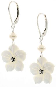 ltc designs white shell flowers and white freshwater cultured pearl accent drop earrings with sterling ear wires 3.5-4 mm for women, teens, and girls