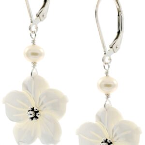 LTC Designs White Shell Flowers and White Freshwater Cultured Pearl Accent Drop Earrings with Sterling Ear Wires 3.5-4 mm for Women, Teens, and Girls