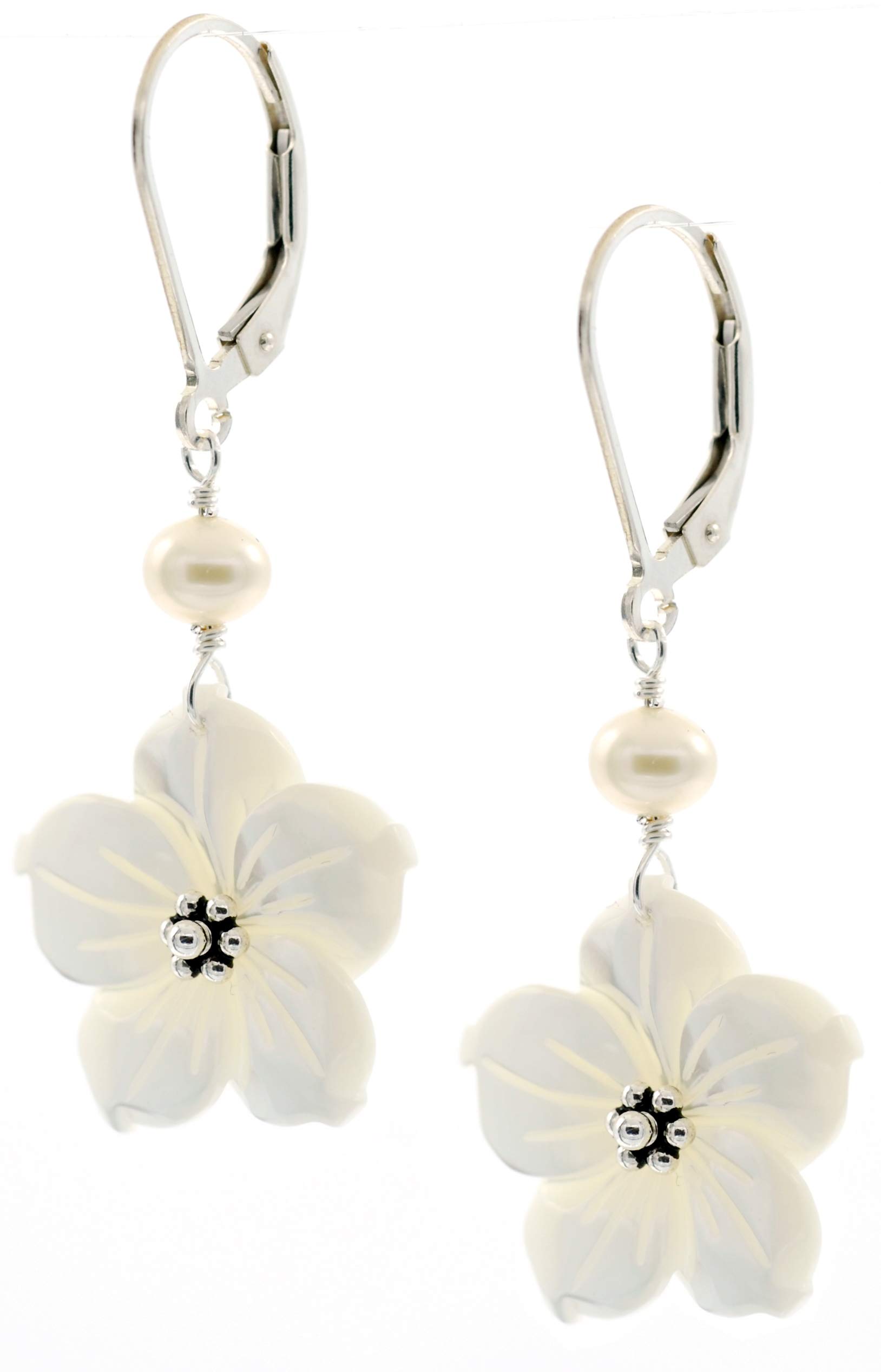 LTC Designs White Shell Flowers and White Freshwater Cultured Pearl Accent Drop Earrings with Sterling Ear Wires 3.5-4 mm for Women, Teens, and Girls