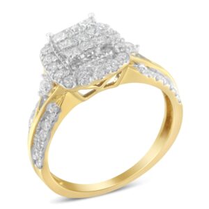 haus of brilliance 10k yellow gold 1.0 cttw diamond composite cushion-shape halo 3-band-look engagement ring (h-i color, si1-si2 clarity) - size 7