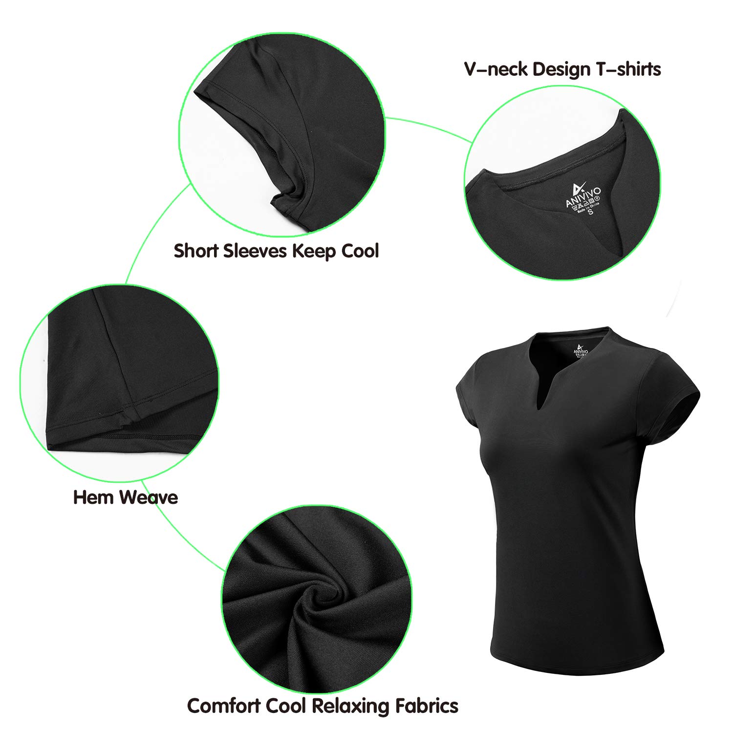 ANIVIVO Tennis Shirts for Women Short Sleeves, Solid Golf T Shirts V-Neck Running Shirts(Black,S)