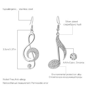 Women Dangle Earrings with Music Note Drop - CZ Clear Crystal Musical Fans Clip on Hook Earring, Rhinestone Fashion Costume Jewelry for Girls…