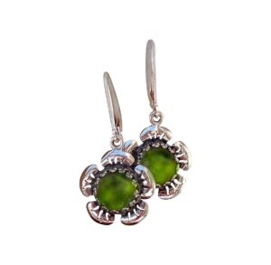 recycled early 1900's olive green wine bottle sterling silver flower leverback earrings