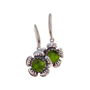 Recycled Early 1900's Olive Green Wine Bottle Sterling Silver Flower Leverback Earrings