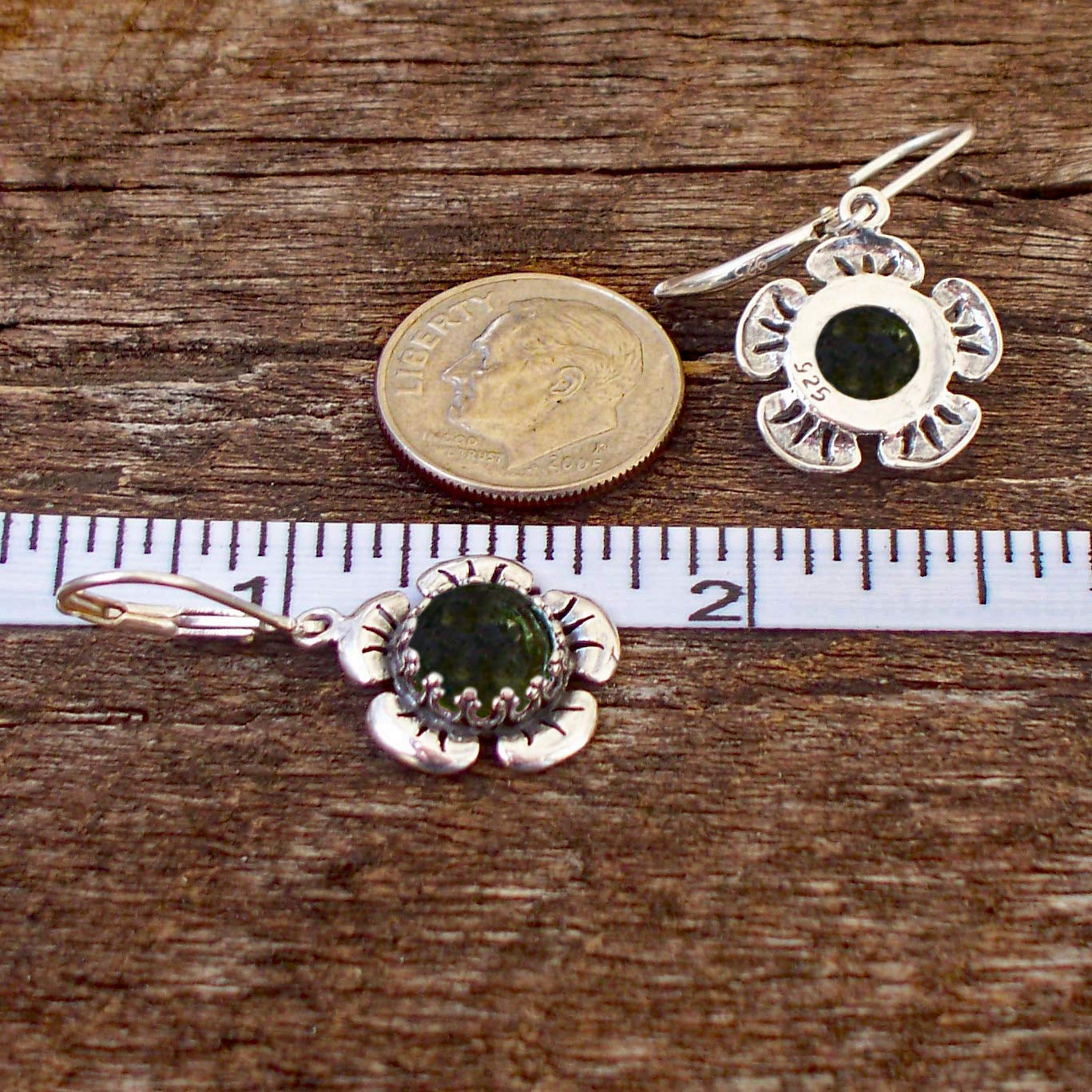 Recycled Early 1900's Olive Green Wine Bottle Sterling Silver Flower Leverback Earrings