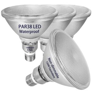 par38 led flood light bulb,classic glass,bright white light,18w(=70w-150w par38 halogen equivalent) led daylight 5000k,e26 base,indoor/outdoor waterproof ip65,120v,4-pack