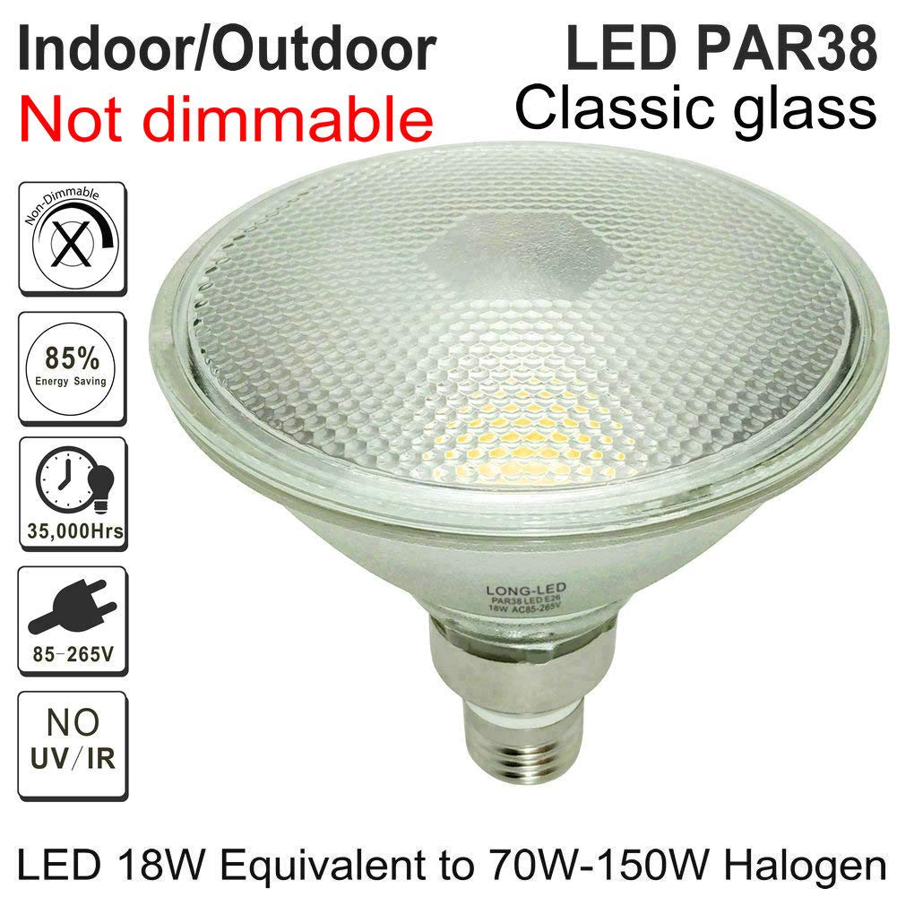 PAR38 LED Flood Light Bulb,Classic Glass,Bright White Light,18W(=70W-150W PAR38 Halogen Equivalent) LED Daylight 5000K,E26 Base,Indoor/Outdoor Waterproof IP65,120V,4-PACK