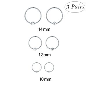 Sterling Silver Small Hoop Earrings Hypoallergenic Mini Tiny Ear Piercing Endless 20G Ball Bead Cut Nose Lip Rings Sleeper For Women (Silver-10/12/14mm)