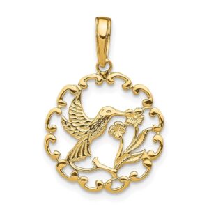 diamond2deal 14k yellow gold hummingbird flower in frame pendant (l- 23 mm w- 16 mm)