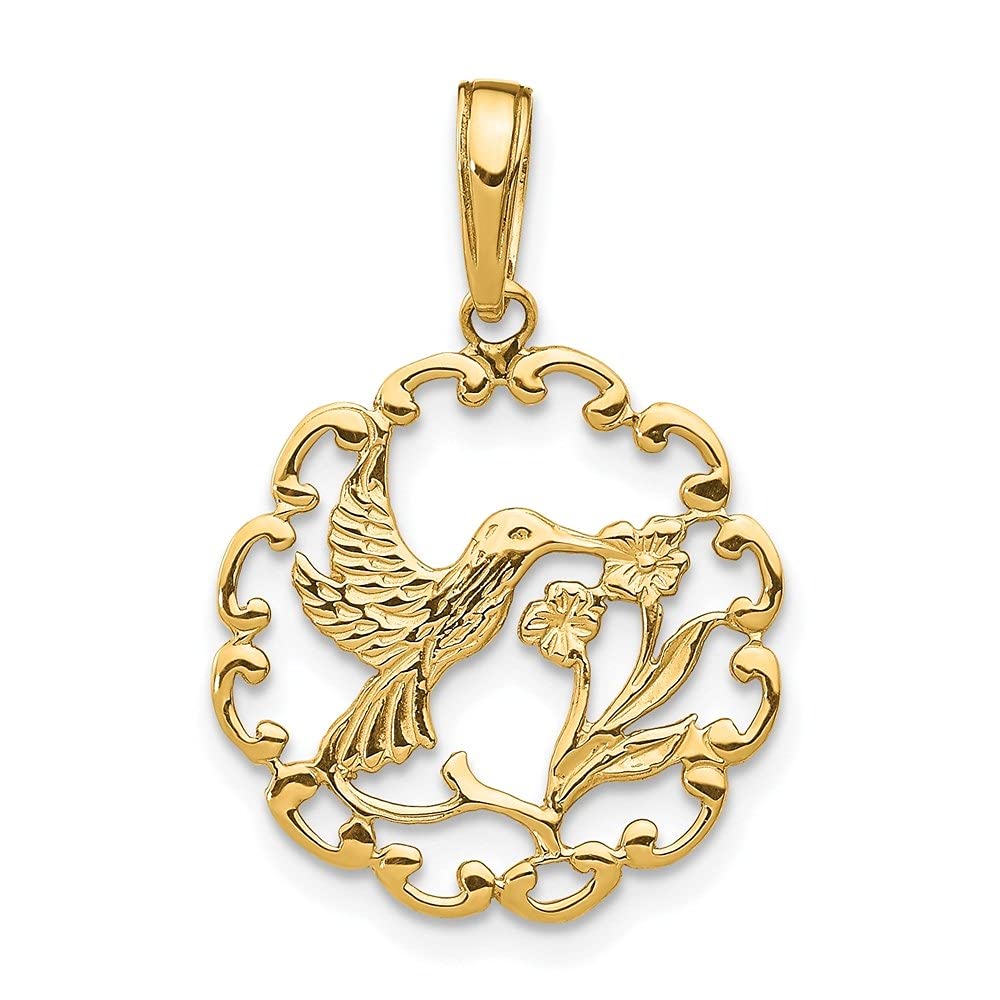 Diamond2Deal 14k Yellow Gold Hummingbird Flower in Frame Pendant (L- 23 mm W- 16 mm)