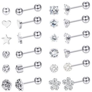 loyallook 12 pairs stainless steel ball stud earrings barbell cartilage helix ear piercing 3-6mm 2 colors (18g 12 pairs silver tone 4mm)