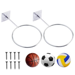 giveme5 wall-mounted basketball rack, metal sports ball wall holder storage rack ball mount display stand for basketballs, soccer ball, football, volleyball, exercise ball – screws include (2 pack)