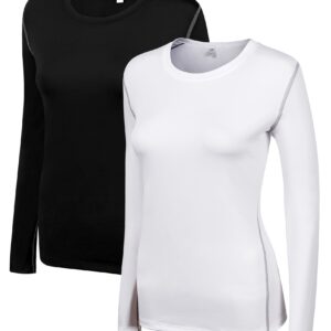 WANAYOU Women's Compression Shirt Dry Fit Long Sleeve Running Athletic T-Shirt Workout Tops (2 Pack(Black+White), X-Large)