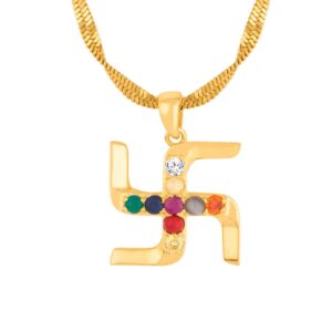 rudradivine rudra divine navratan swastik pendant 24ct gold plated with real semi-precious gemstone with gold plated chain