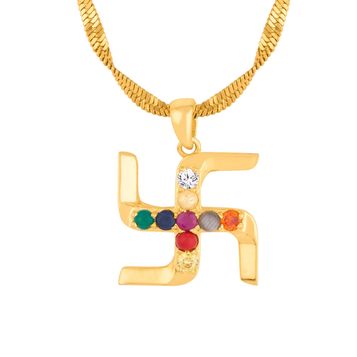 RUDRADIVINE Rudra Divine Navratan Swastik Pendant 24Ct Gold Plated With Real Semi-Precious Gemstone With Gold Plated Chain