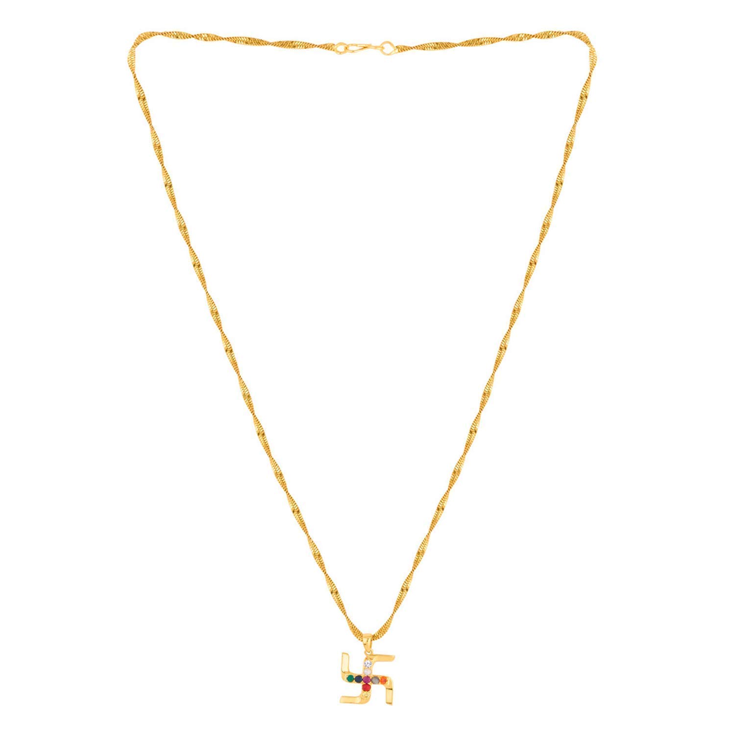 RUDRADIVINE Rudra Divine Navratan Swastik Pendant 24Ct Gold Plated With Real Semi-Precious Gemstone With Gold Plated Chain