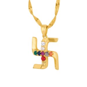 RUDRADIVINE Rudra Divine Navratan Swastik Pendant 24Ct Gold Plated With Real Semi-Precious Gemstone With Gold Plated Chain