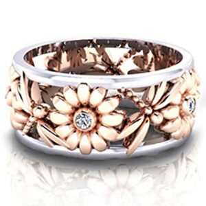 FLYYQMIAO Silver rings Women's Elegant Sunflower Dragonfly Hollow Finger Ring Band Jewelry Cubic Zirconia Ring with Side Stone Copper Leaf Eternity Band (8)