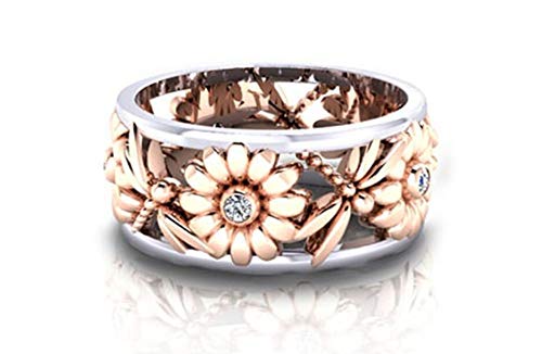 FLYYQMIAO Silver rings Women's Elegant Sunflower Dragonfly Hollow Finger Ring Band Jewelry Cubic Zirconia Ring with Side Stone Copper Leaf Eternity Band (8)