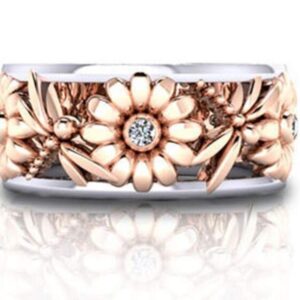 FLYYQMIAO Silver rings Women's Elegant Sunflower Dragonfly Hollow Finger Ring Band Jewelry Cubic Zirconia Ring with Side Stone Copper Leaf Eternity Band (8)