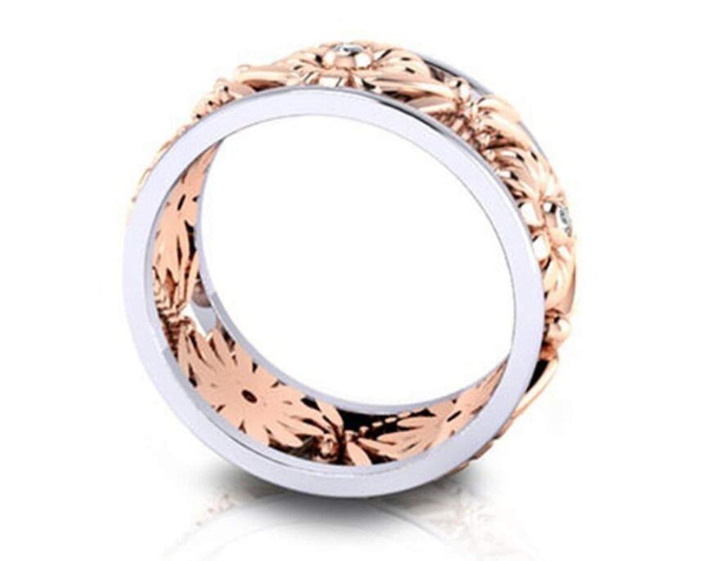 FLYYQMIAO Silver rings Women's Elegant Sunflower Dragonfly Hollow Finger Ring Band Jewelry Cubic Zirconia Ring with Side Stone Copper Leaf Eternity Band (8)